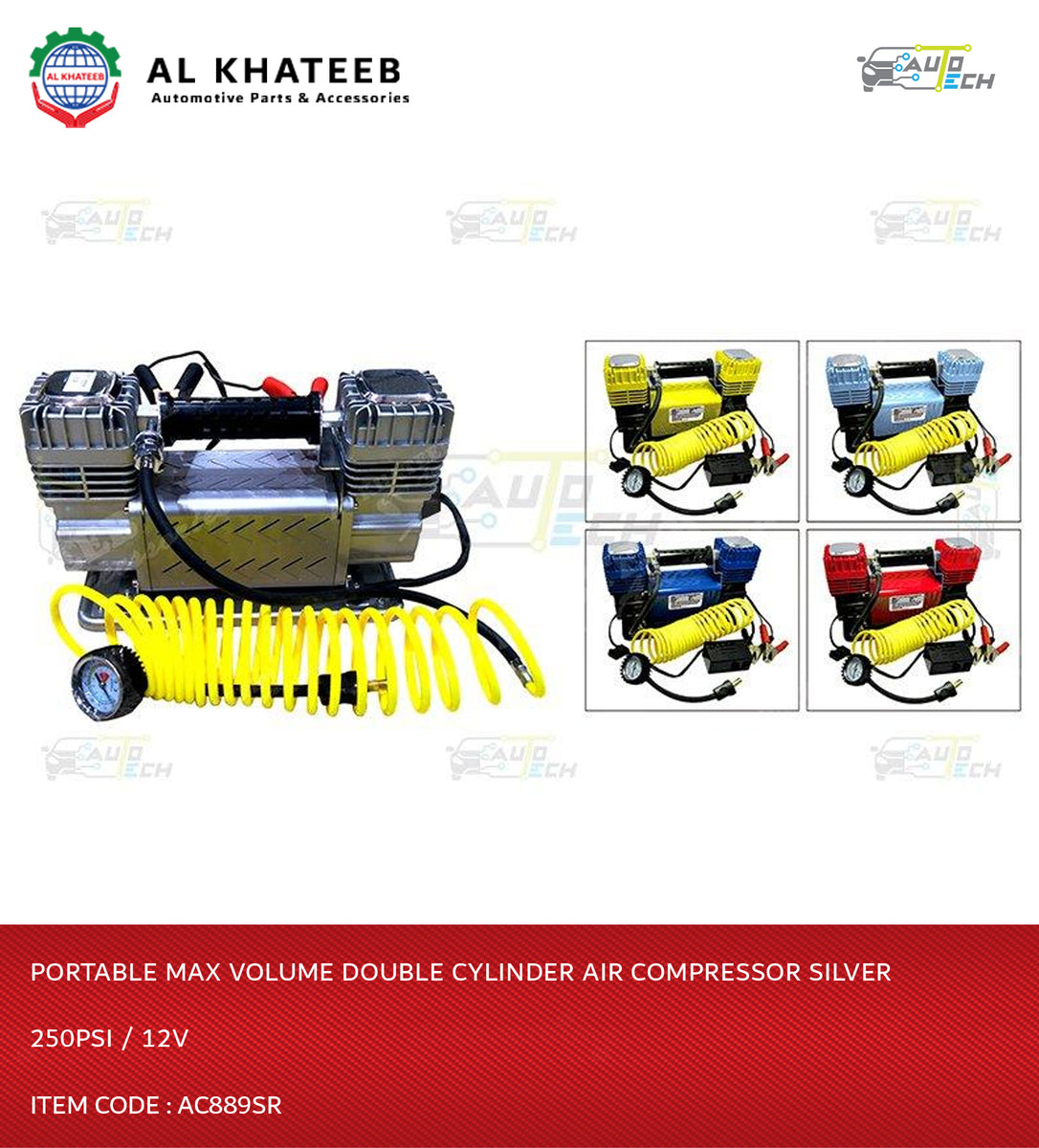Portable Max Volume Double Cylinder Air Compressor Silver 250Psi / 12V